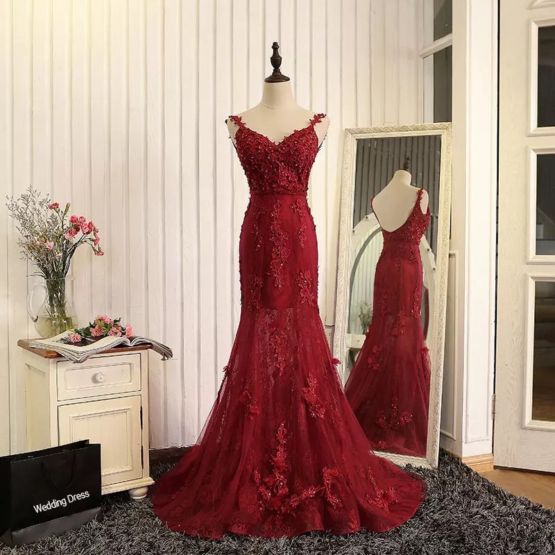 Wine Red Evening Dress Mermaid Evening Gowns Burgundy Prom Dress Lace
